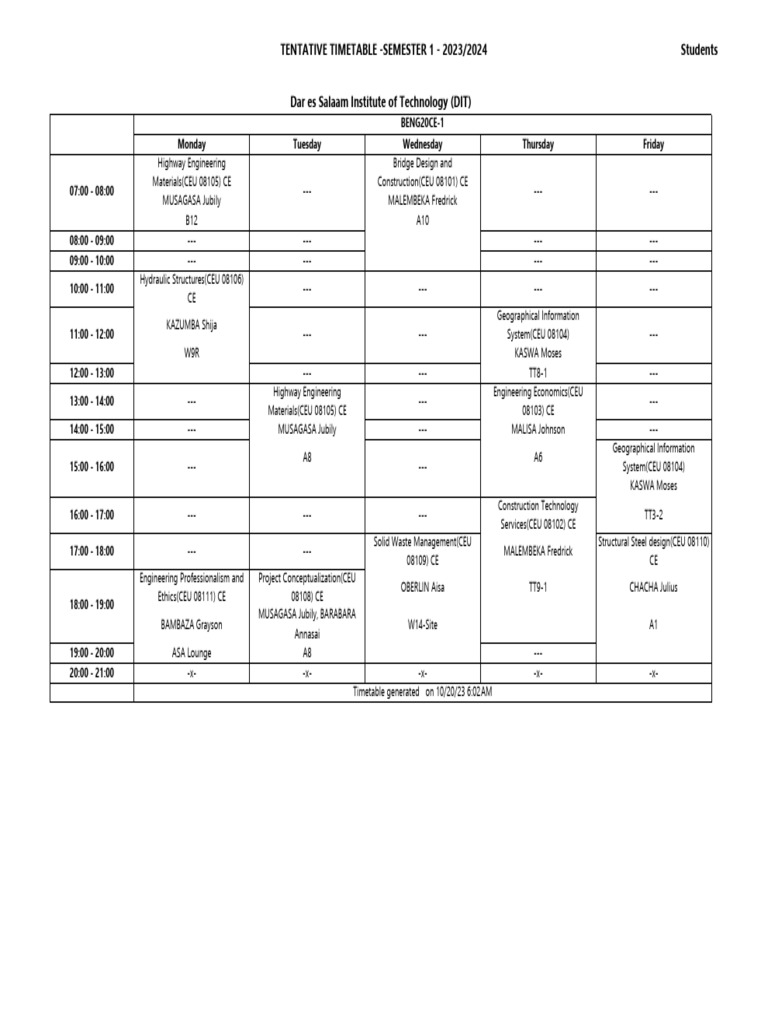 DRAFT ONE Timetable 2023-2024 - Semester I-Students | PDF | Computing