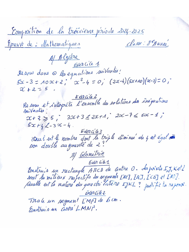 Sujet Math 3e Trimestre 8e A | PDF
