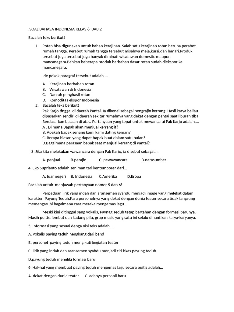 Soal Bahasa Indonesia Kelas 6 Bab 2 | PDF