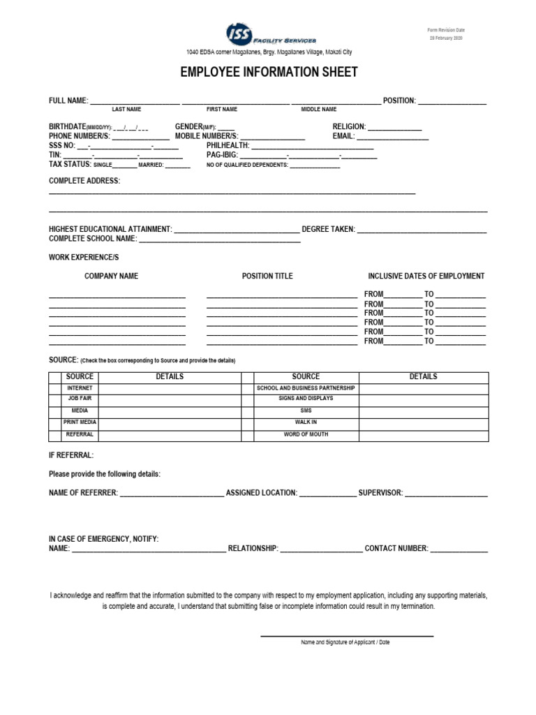 Employee Information Sheet Template | PDF