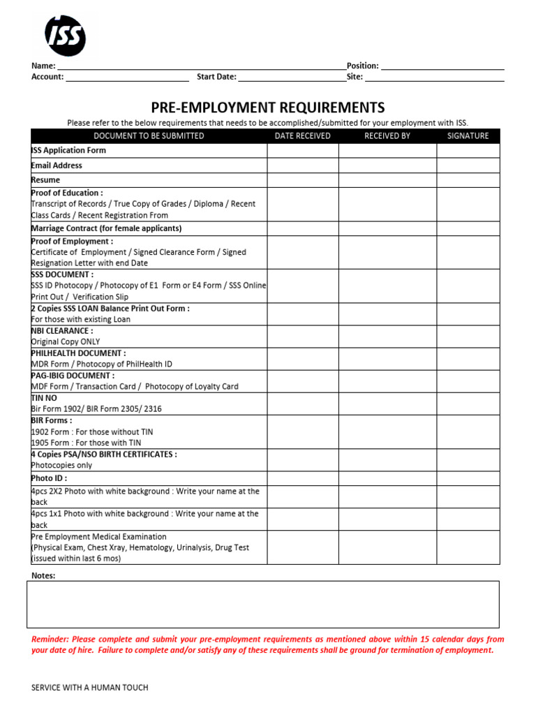 Pre-Employment Requirements Checklist | PDF