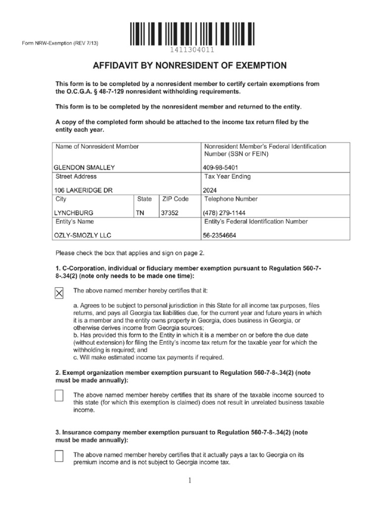 TSD Affidavit by Nonresident of Exemption NRW-Exemption 5 | PDF