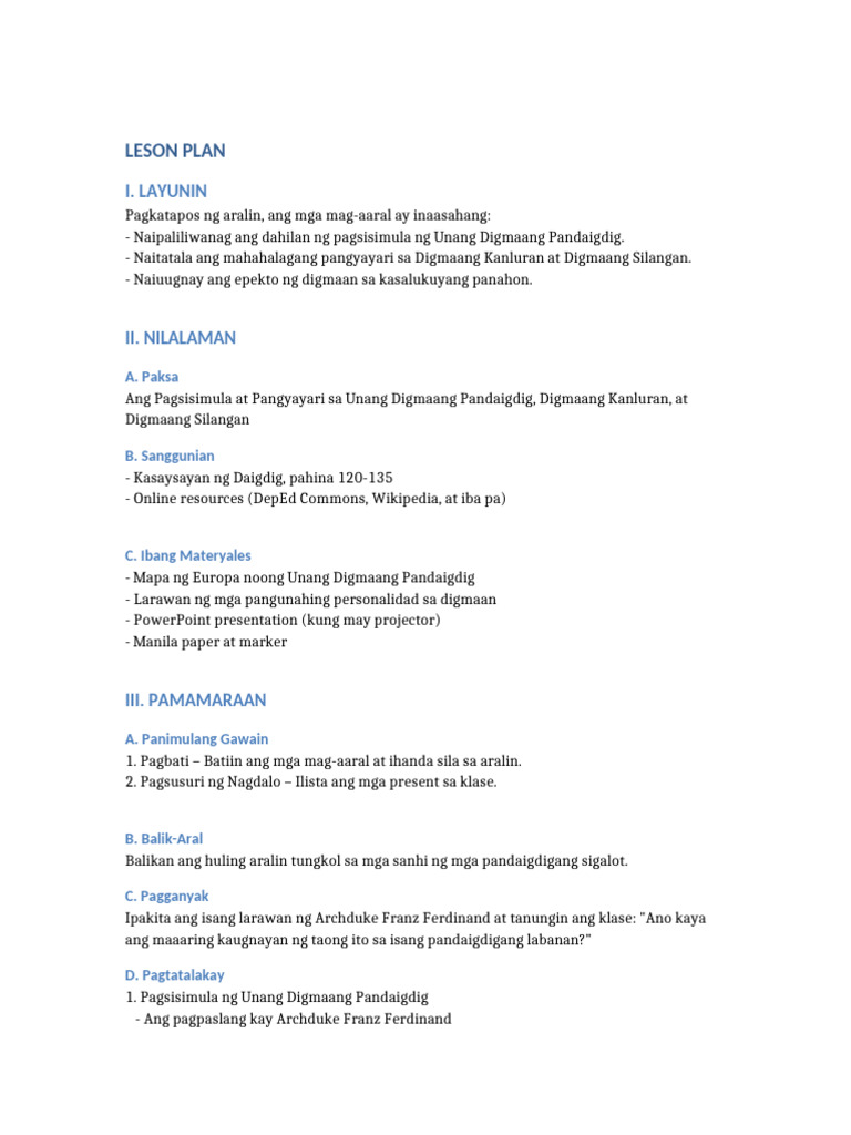 Lesson Plan Unang Digmaang Pandaigdig | PDF