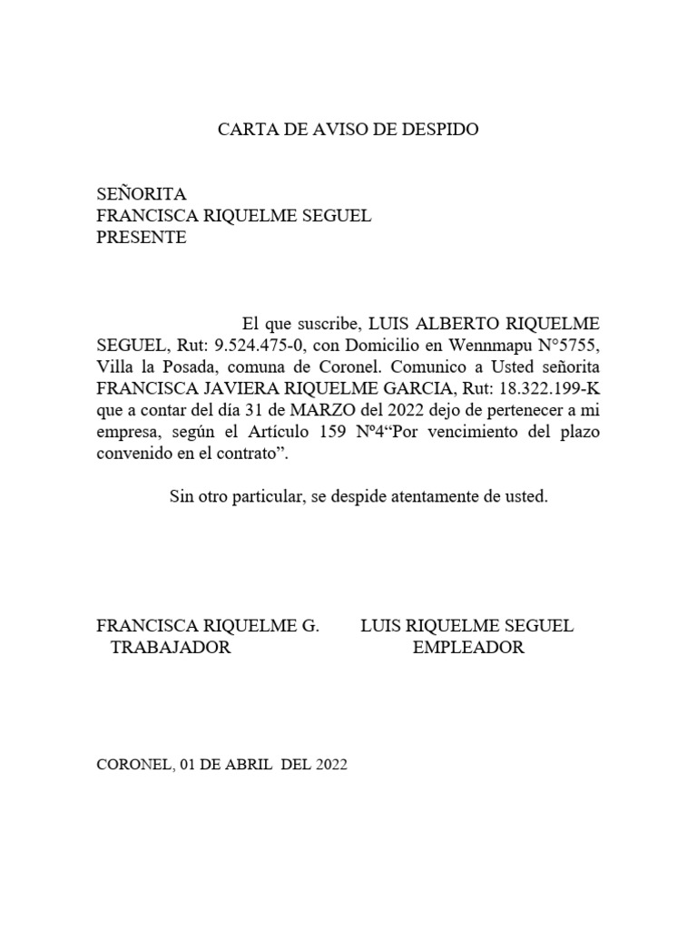 Carta de Aviso de Despido de Francisca de Luis Riquelme | PDF