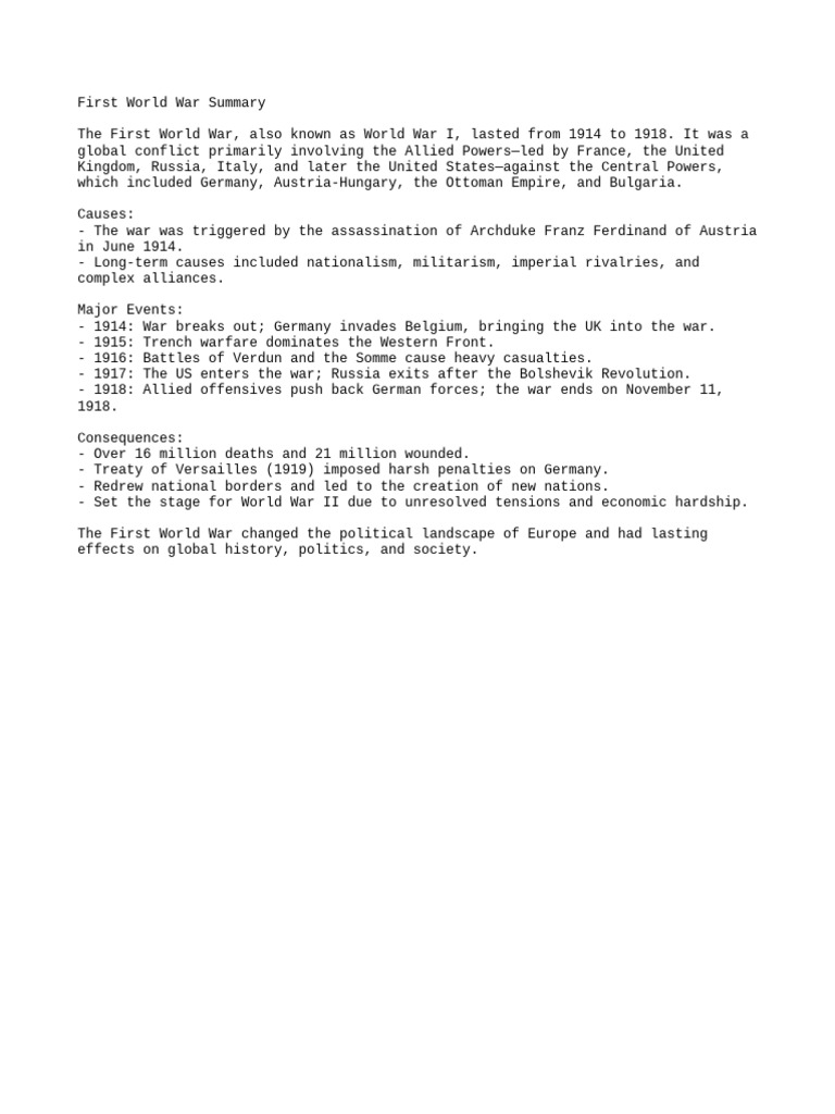 First World War Summary v2 | PDF