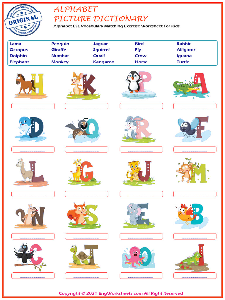 Alphabet Esl Vocabulary Matching Exercise Worksheet For Kids 2619 | PDF ...