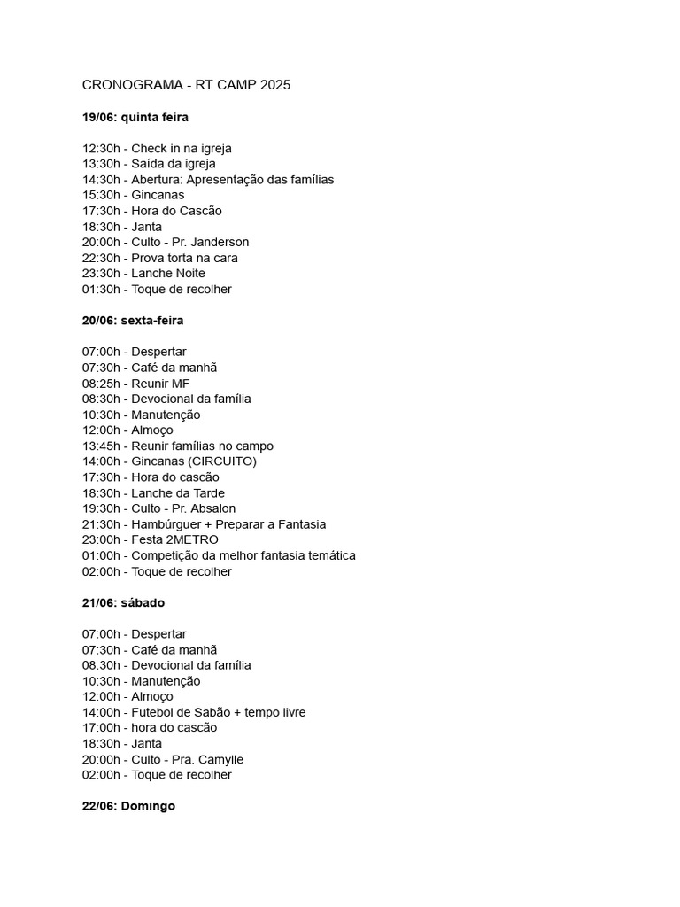 Cronograma RT Camp 2025: Atividades e Horários | PDF