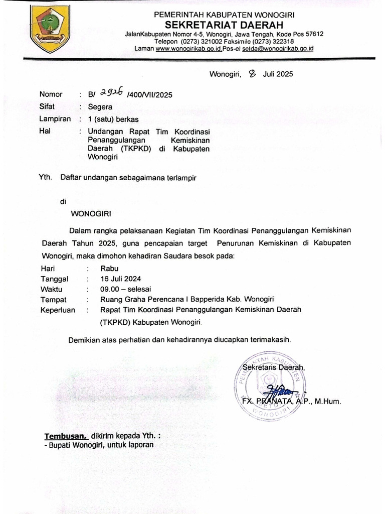 Undangan Rakor TKPKD 16 Juli 2025 | PDF