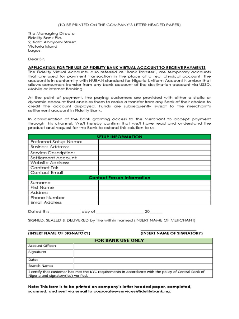 Fidelity Bank Virtual Account Application | PDF