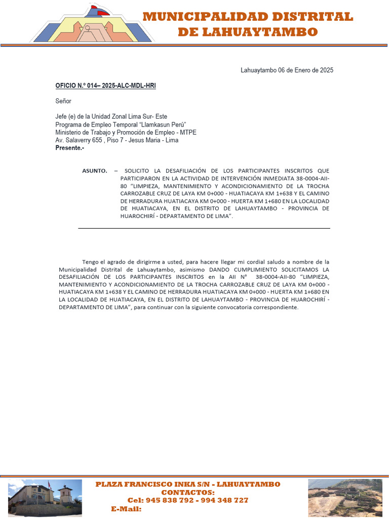 Oficio #014-2025-MDL-PH - Llamkasun | PDF