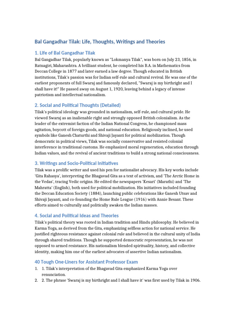Bal Gangadhar Tilak Report and One Liners | PDF