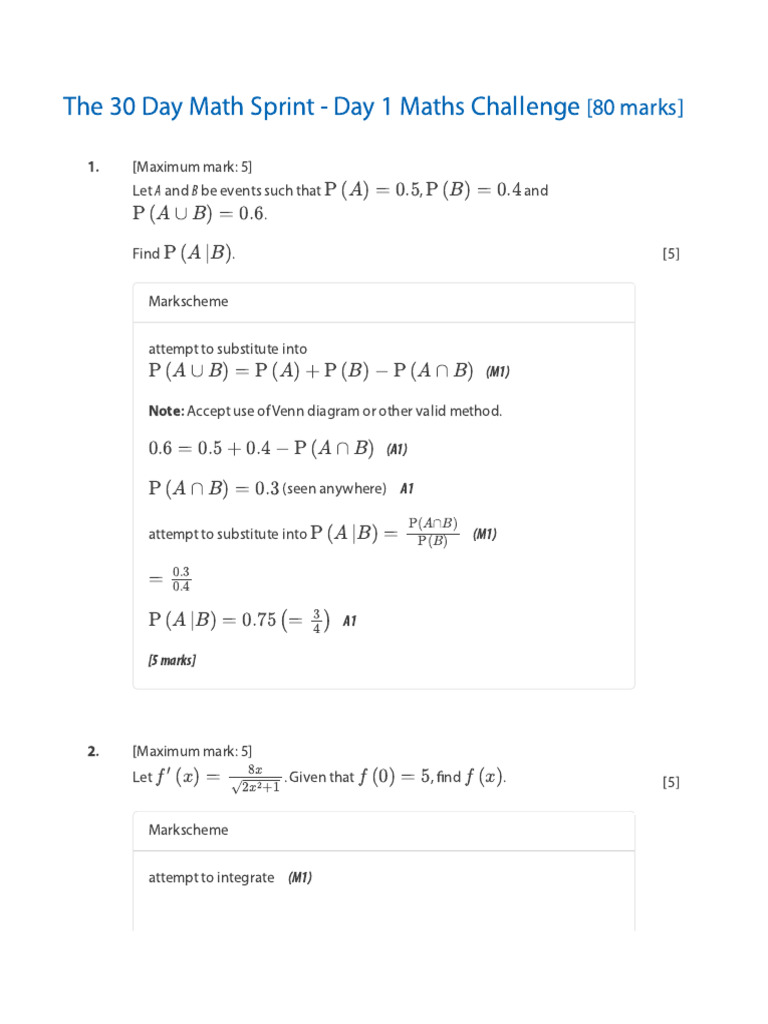 The 30 Day Math Sprint - Day 1 Maths Challenge MS | PDF | Mathematics ...