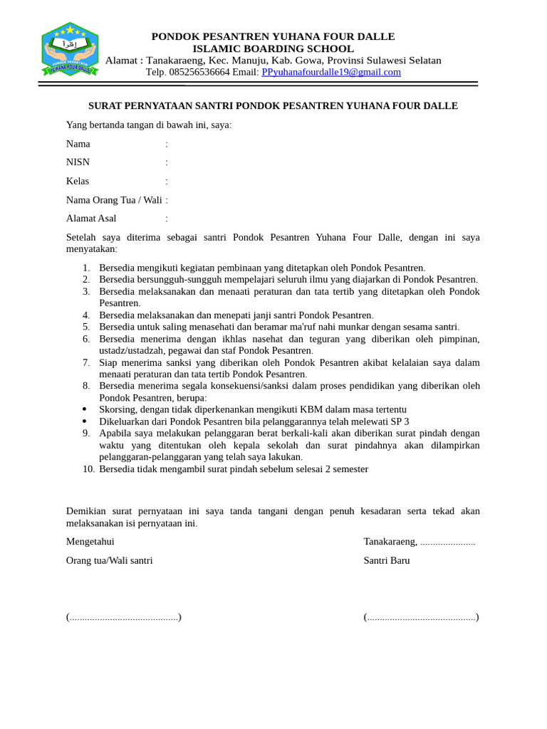 Surat Pernyataan Santri Pondok Pesantren Yuhana Four Dalle 2025 | PDF