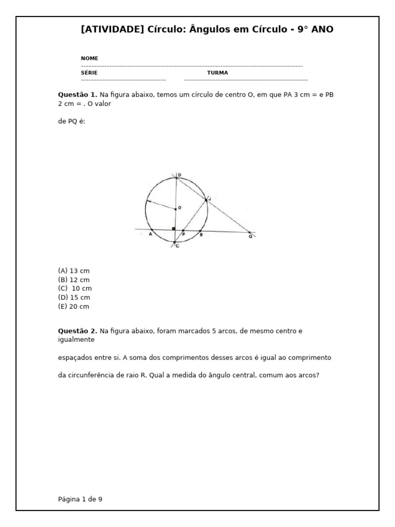(ATIVIDADE) Círculo - Ângulos em Círculo - 9° ANO | PDF | Triângulo | Círculo