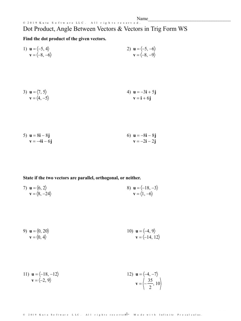 Dot Product and Vector Analysis Worksheet | PDF | Mathematical Analysis ...