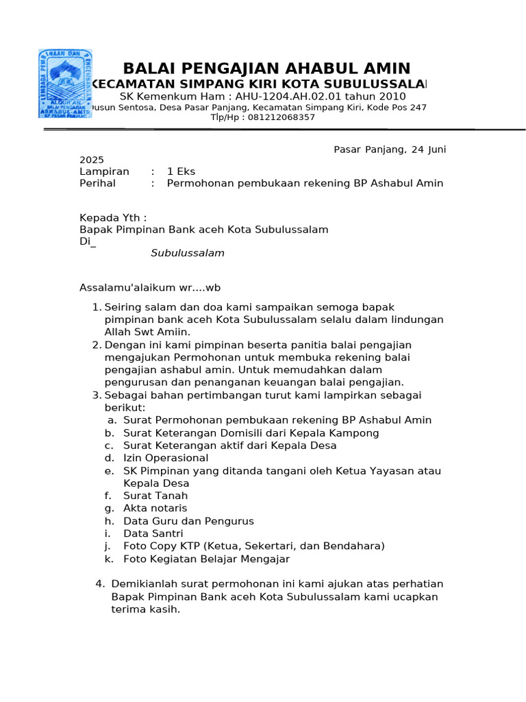 PROPOSAL PERMOHONAN PEMBUKAAN REKENING BALAI PENGAJIAN AHABUL AMIN Baru ...