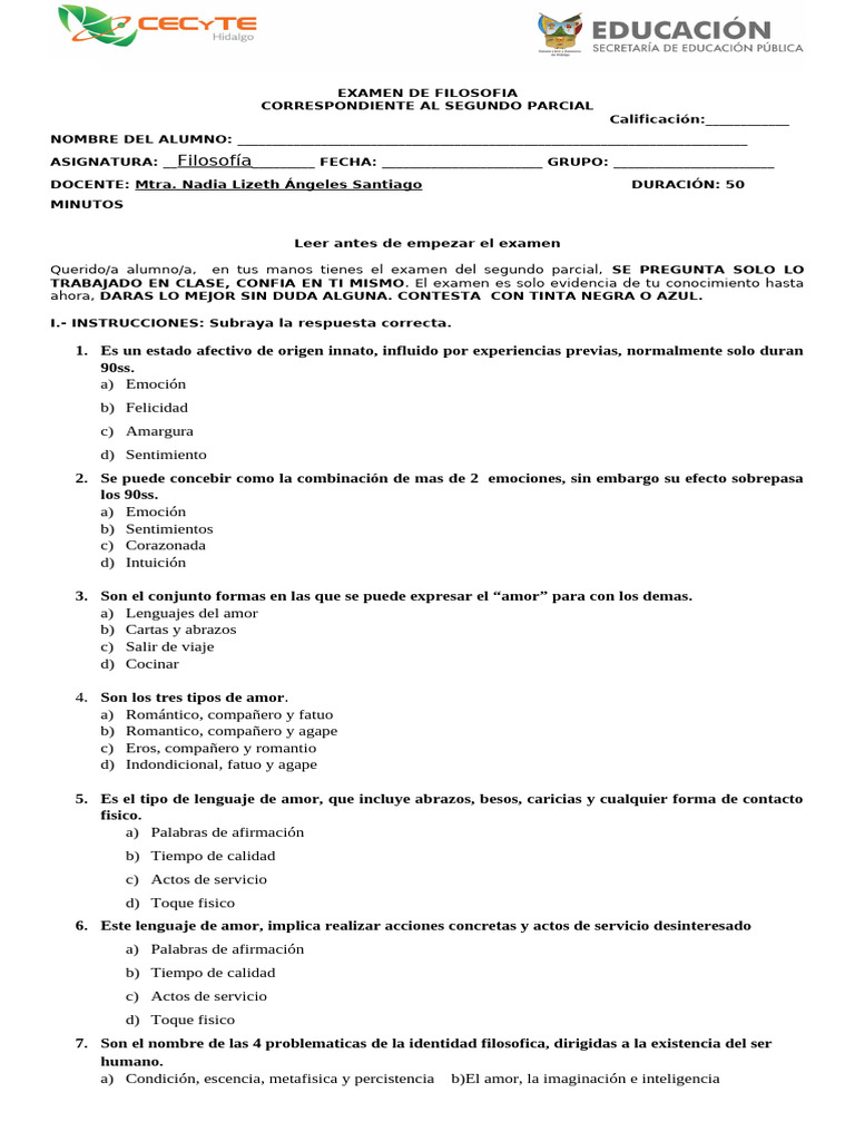 EXAMEN DEL Segundo PARCIAL DE FILOSOFÍA | PDF | Estética | Amor