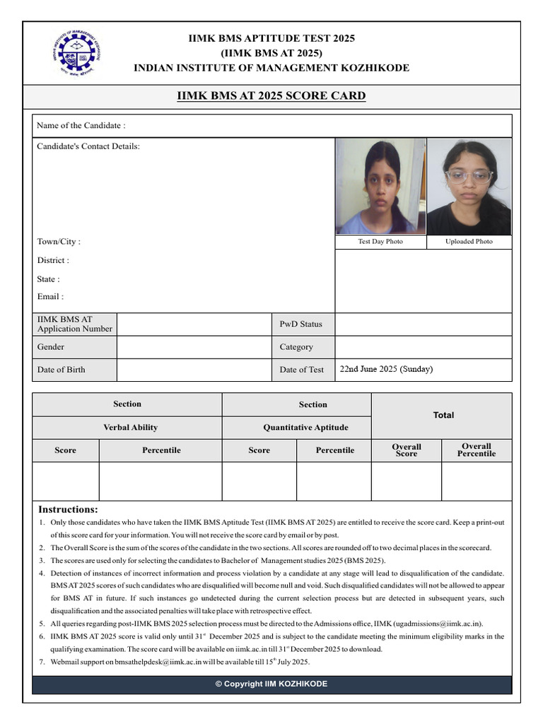 IIMK BMS Aptitude Test 2025 Score Card | PDF