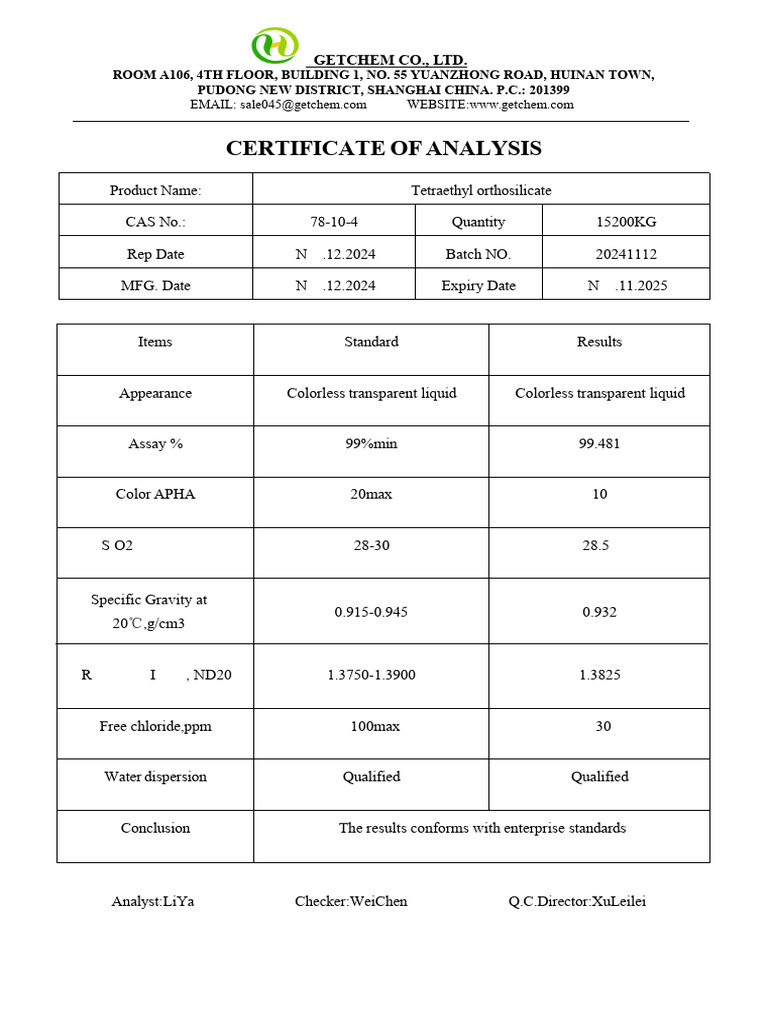 COA of Tetraethyl orthosilicate(TEOS) | PDF
