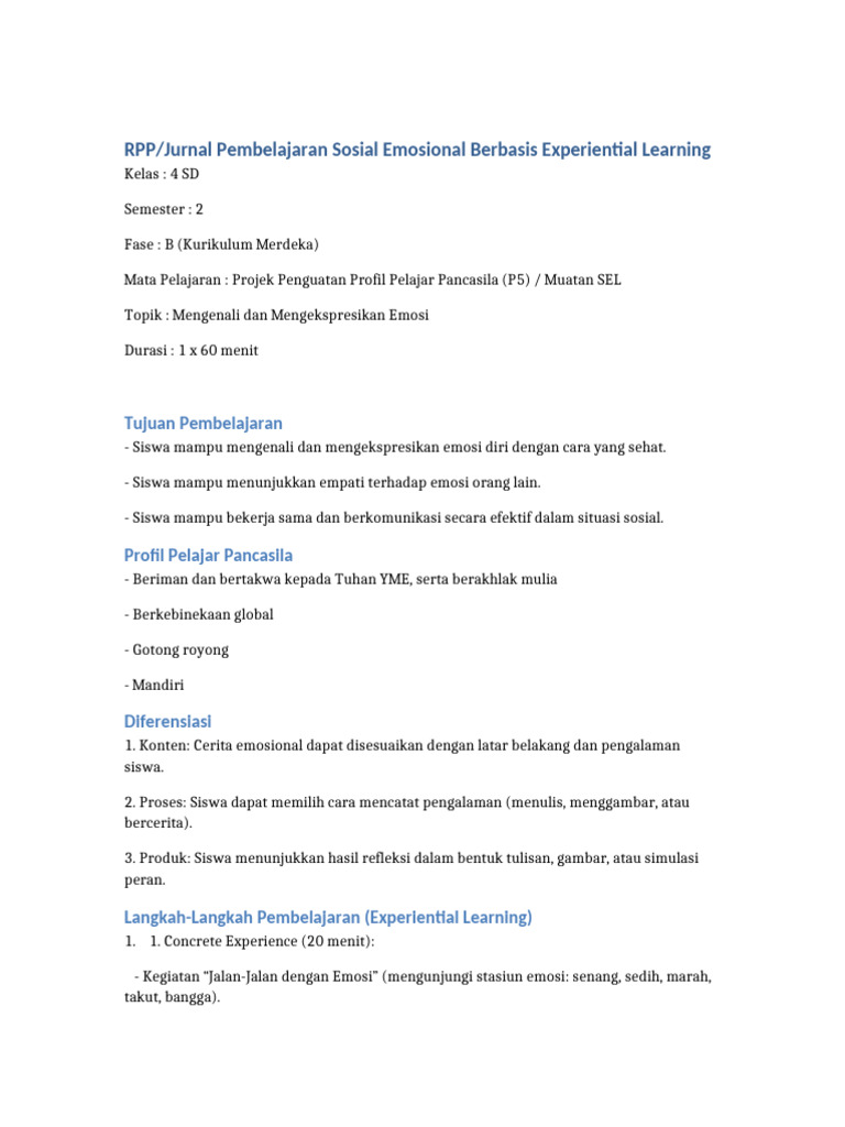 RPP SEL Experiential Learning Kelas4 | PDF