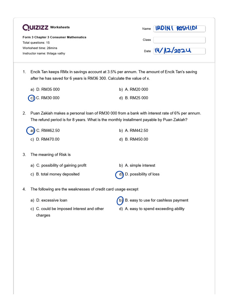 Consumer Math Worksheets for Form 3 | PDF | Interest | Credit