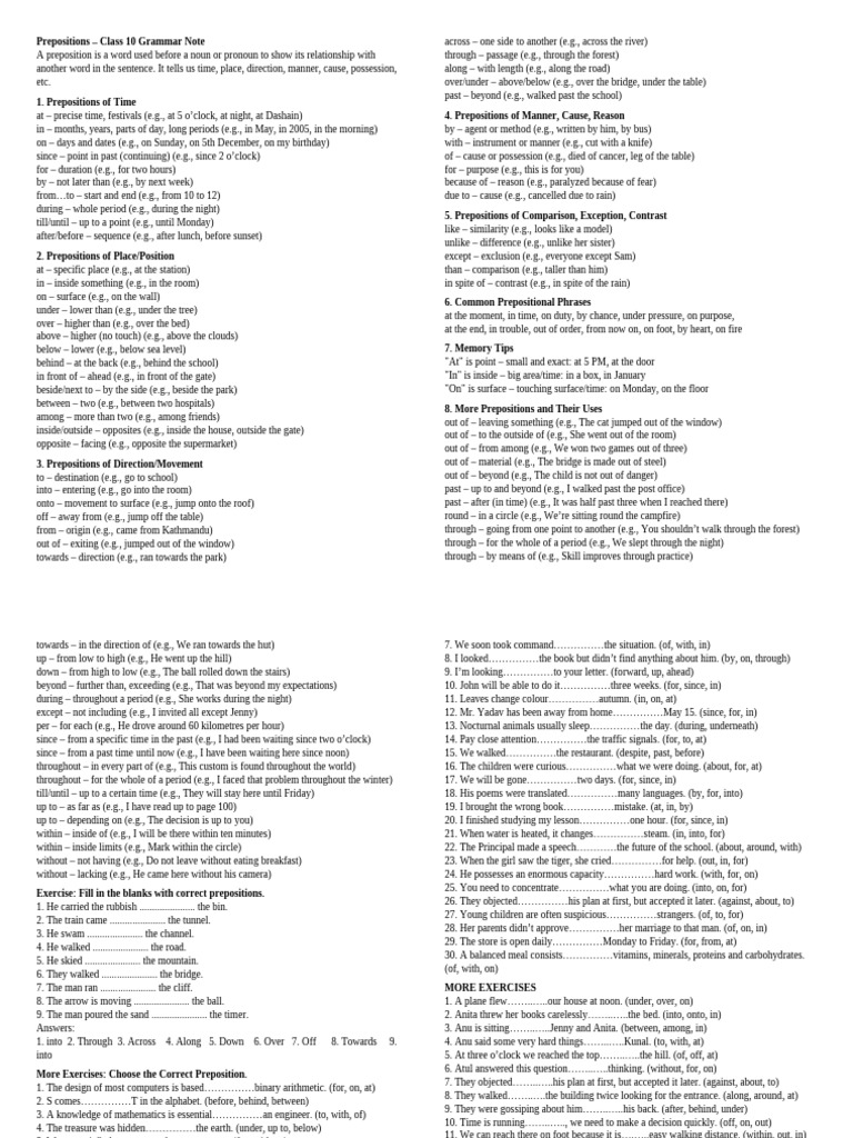 Class 10 Prepositions Guide | PDF