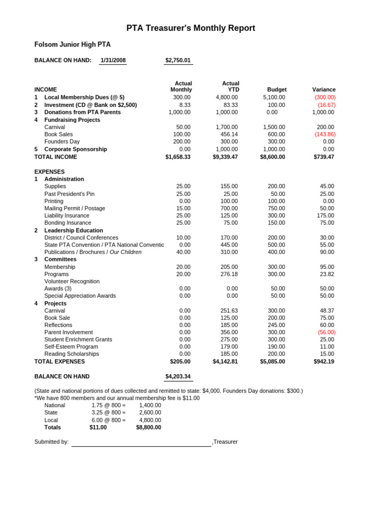 PTA Treasurer's Report - January 2008 | PDF