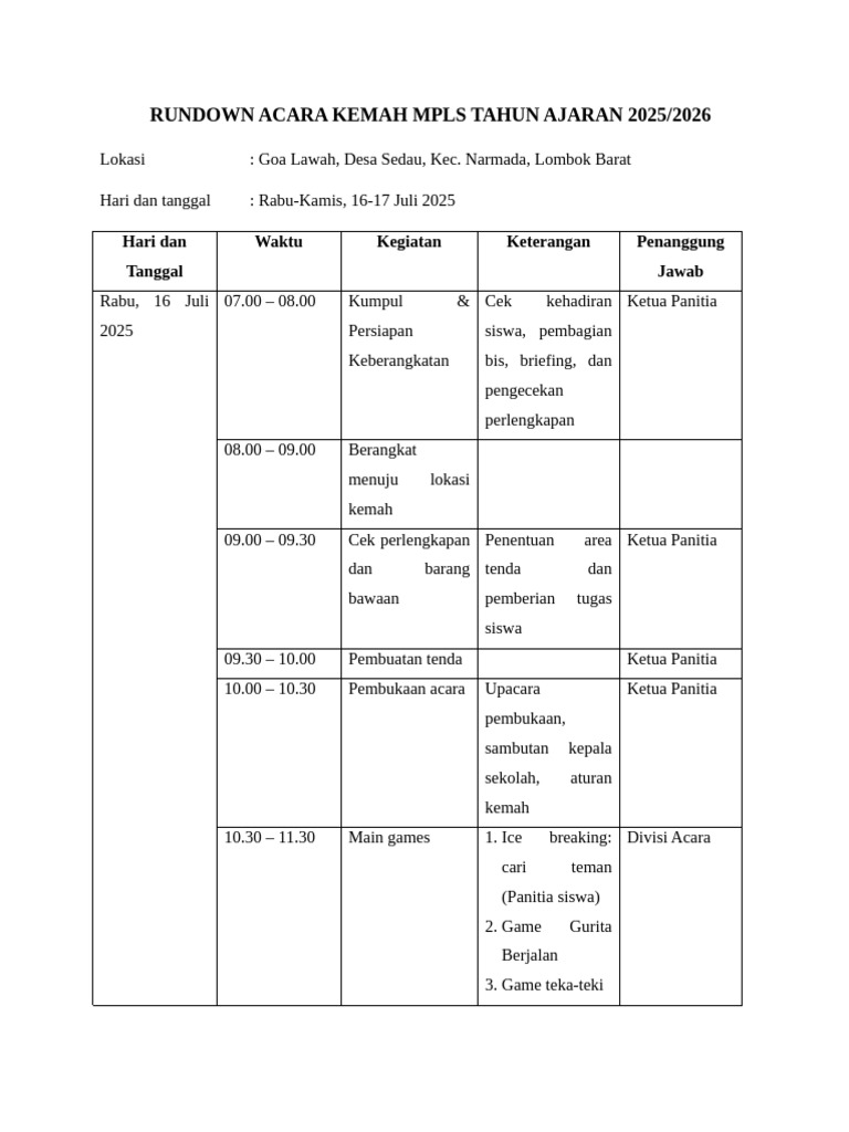 Rundown Acara Kemah Mpls Tahun Ajaran 2025 | PDF