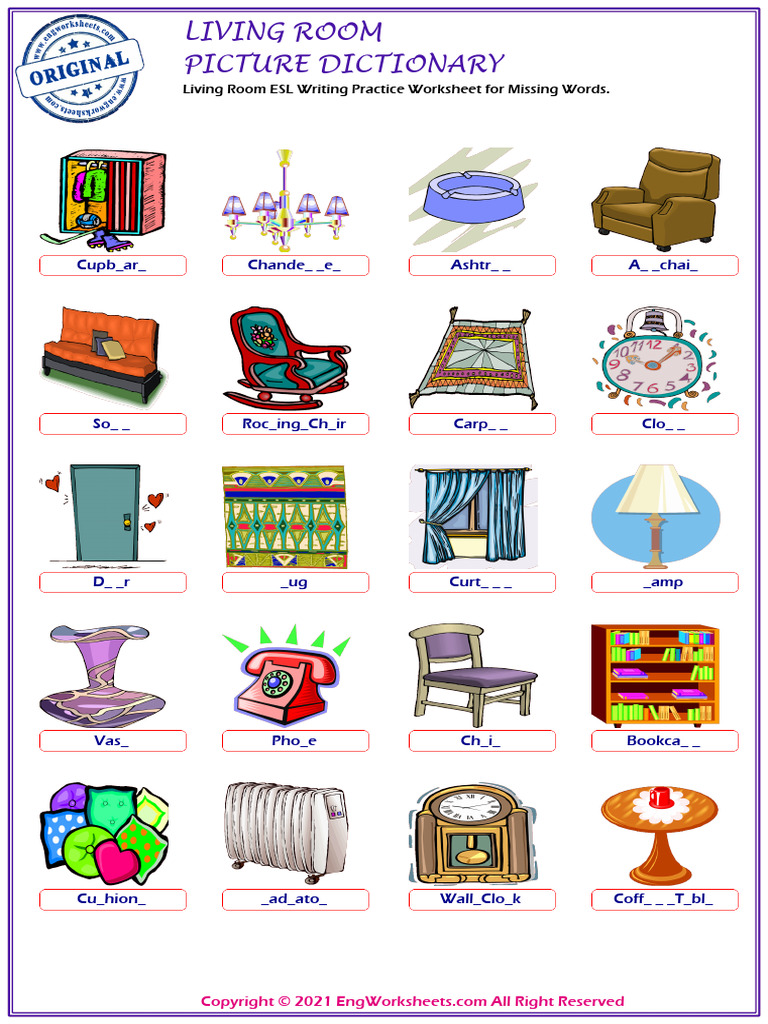 Living Room Esl Writing Practice Worksheet For Missing Words 6183 | PDF