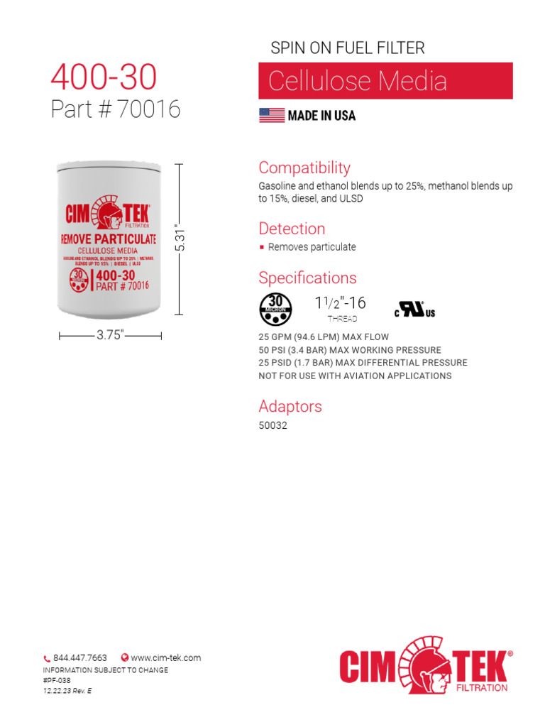 Ficha Tecnica de Filtro 400-30 Part. 70016 | PDF