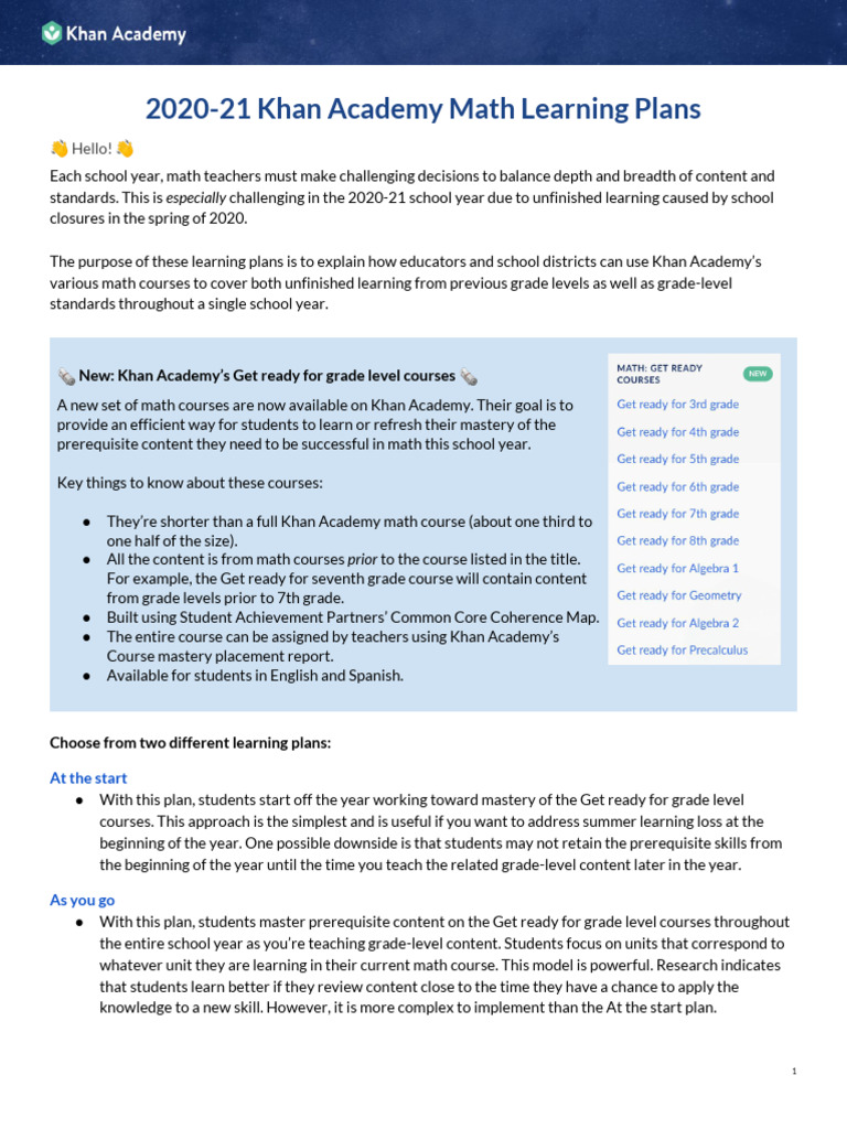 Khan Academy Math Learning Plans 2020-21 | PDF | Skill | Teachers