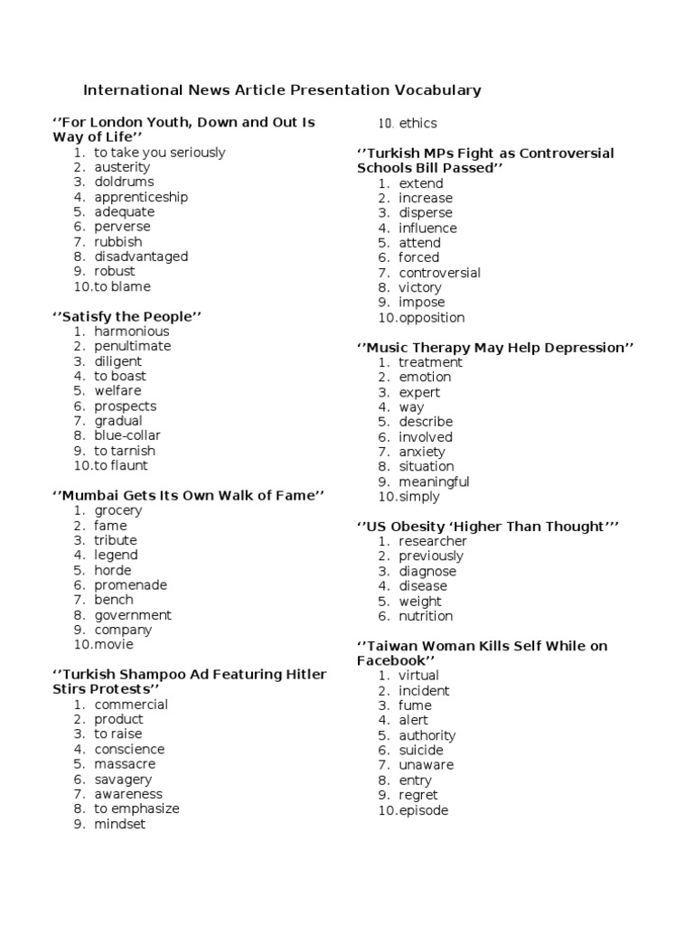 International News Vocabulary Guide | PDF | Social Science