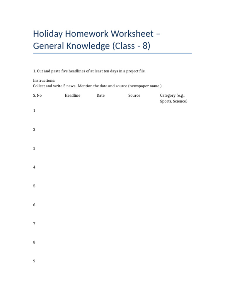 Class 8 Holiday Homework Worksheet | PDF