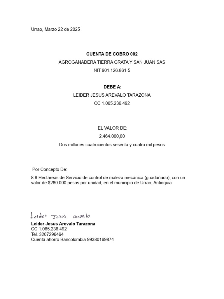 Cuenta de Cobro - Agroganadera Tierra Grata | PDF