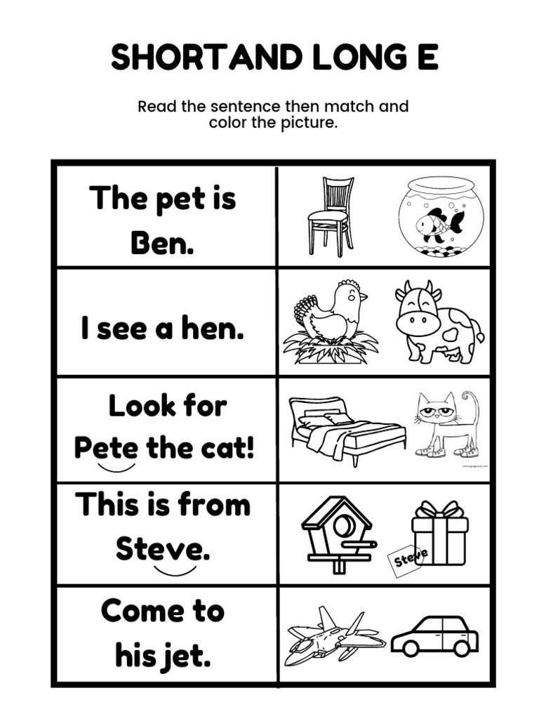 CVC Fluency Sentences Read and Color Short E Words Worksheet | PDF