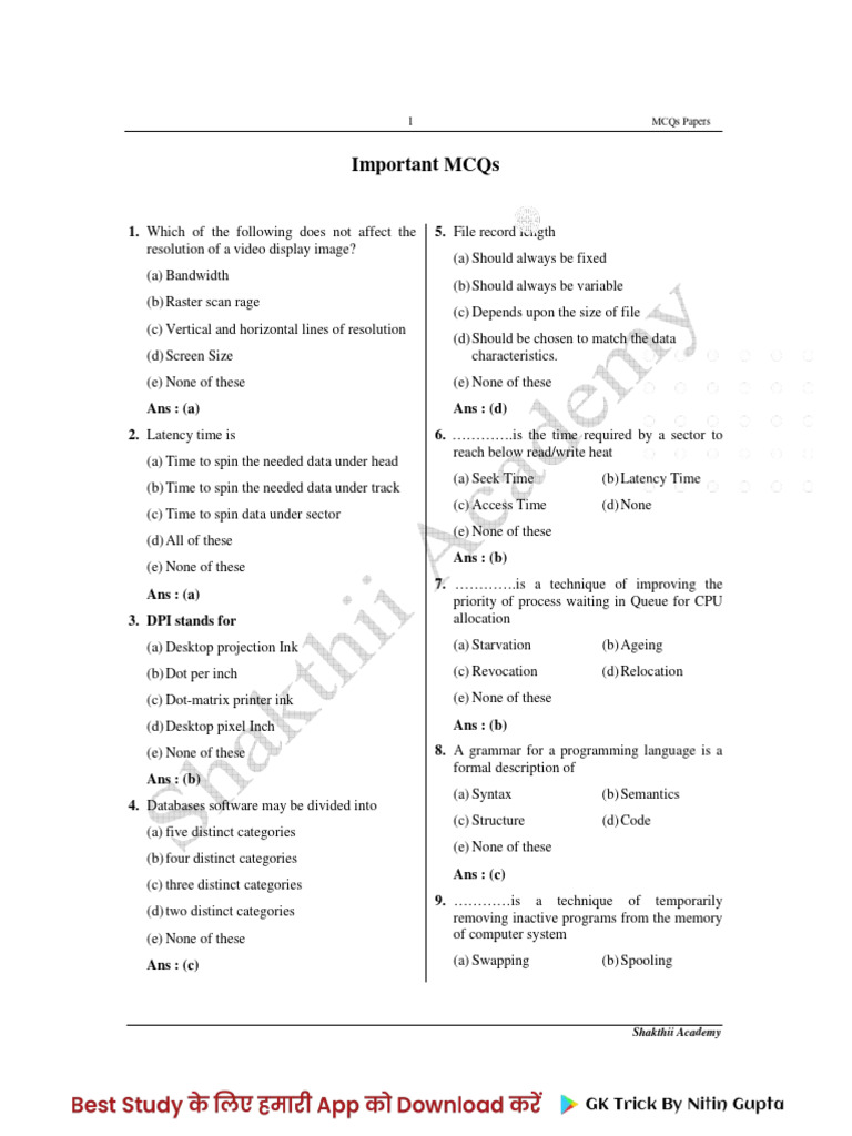 2000 Computer MCQs PDF For Competitive Exam | PDF | Databases ...