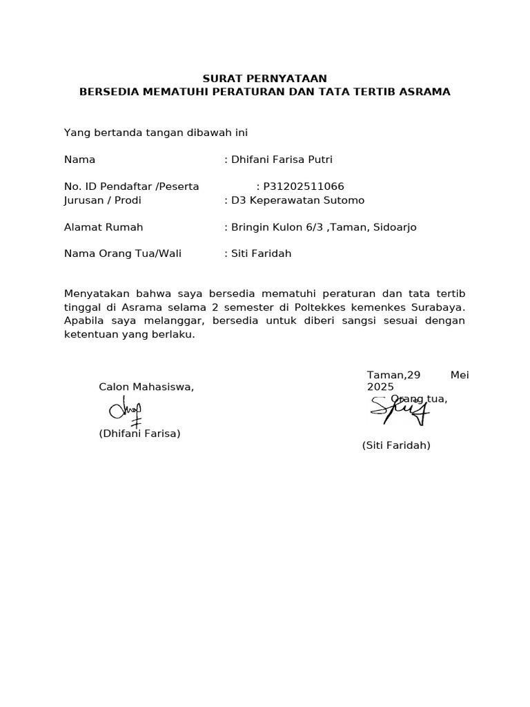 SURAT PERNYATAAN MEMATUHI TATA TERTIB ASRAMA (1pb | PDF