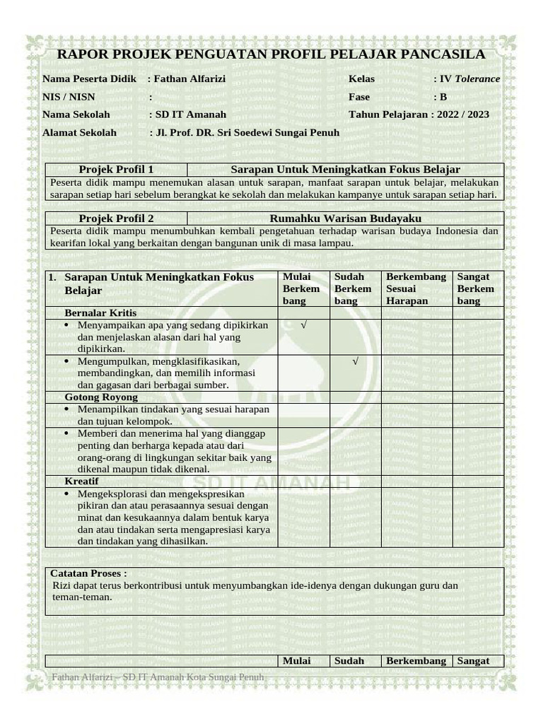 Rapor p5 Kelas 4 2022 2023 | PDF