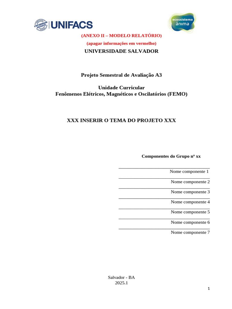 Projeto A3 UCs FEMO 2025 1 Modelo Relatorio 20250415153612 | PDF ...