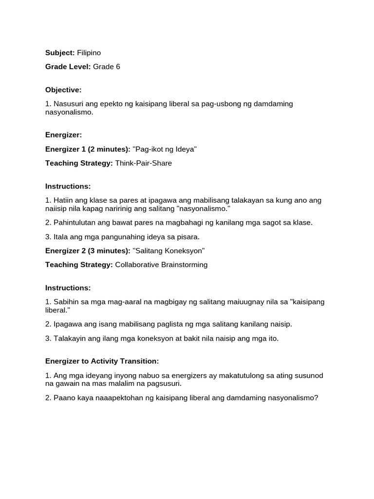 Filipino 6 LESSON PLAN | PDF