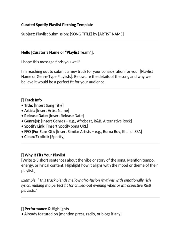 Curated Spotify Playlist Pitching Template | PDF
