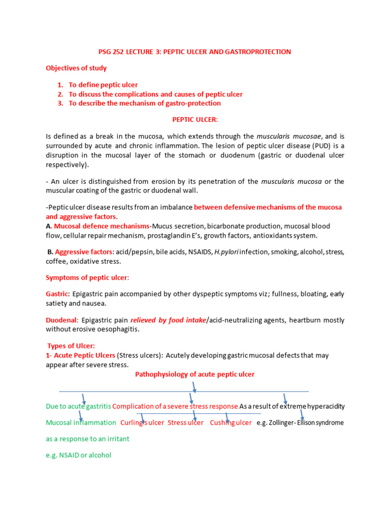 PSG 252 Lecture 3 Peptic Ulcer and Gastro Protection | PDF | Stomach ...