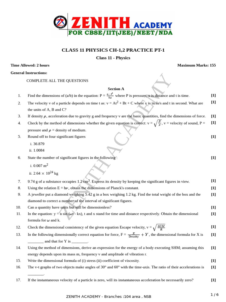 Class 11 Physics Practice Questions | PDF | Velocity | Acceleration