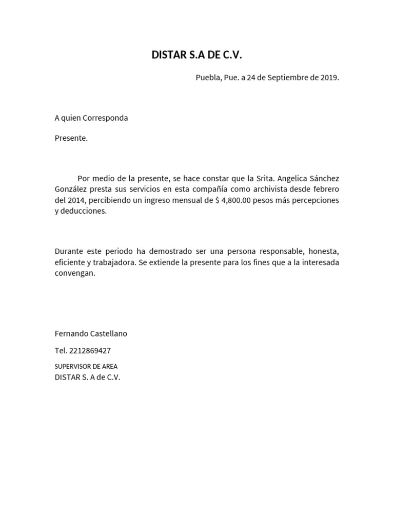 Carta o Constancia Laboral | PDF