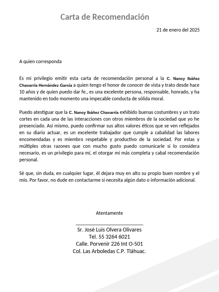 Carta Reco Mendacion 1 | PDF