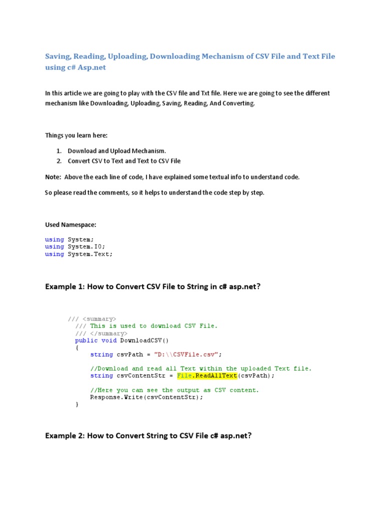 Saving Reading UploadingDownloading Mechanism of CSV File and Text File Using Csharp Aspnet ...