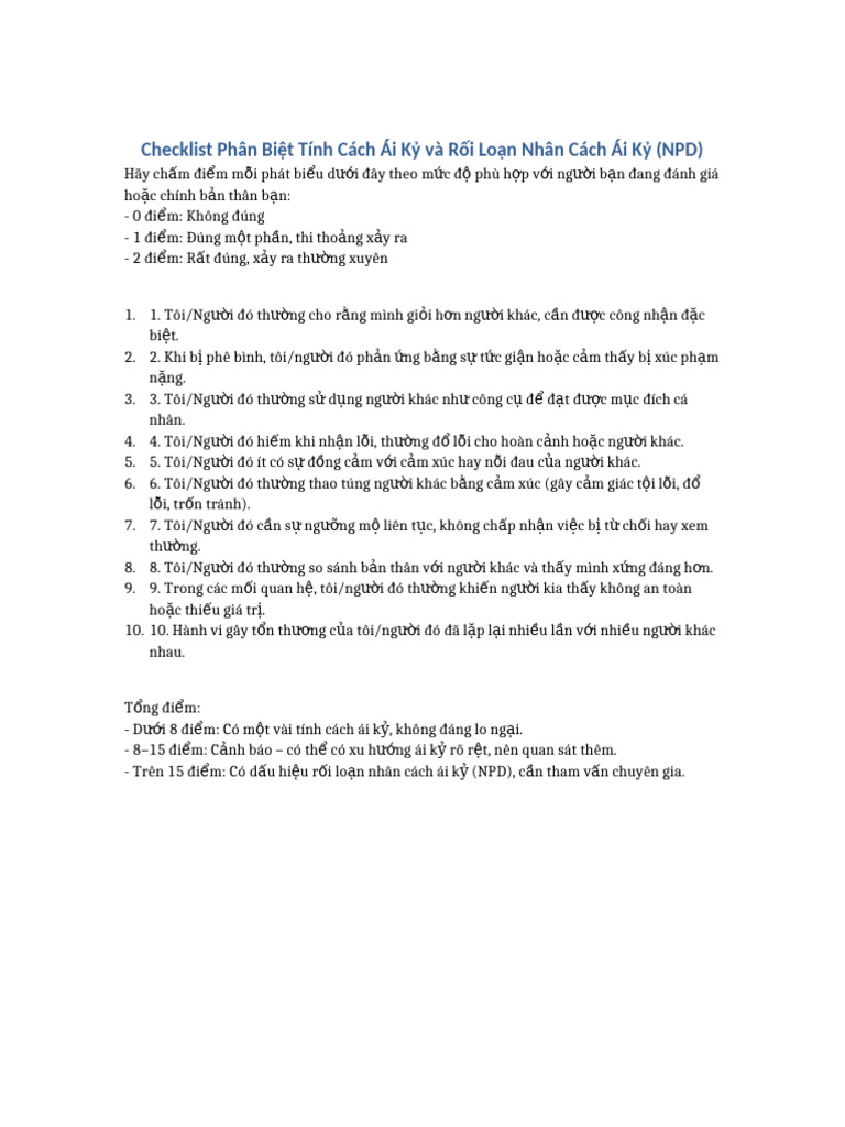 Checklist Phan Biet Ai Ky Vs NPD | PDF