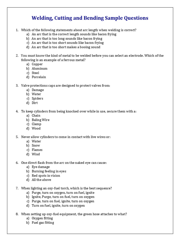 Welding and Cutting Safety Quiz | PDF | Welding | Construction
