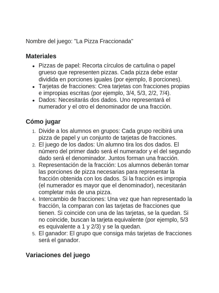 Juego de Fracciones: La Pizza Fraccionada | PDF