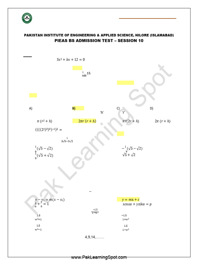 PIEAS 10 Past Paper PakLearningSpot | PDF | Elementary Geometry | Mathematics